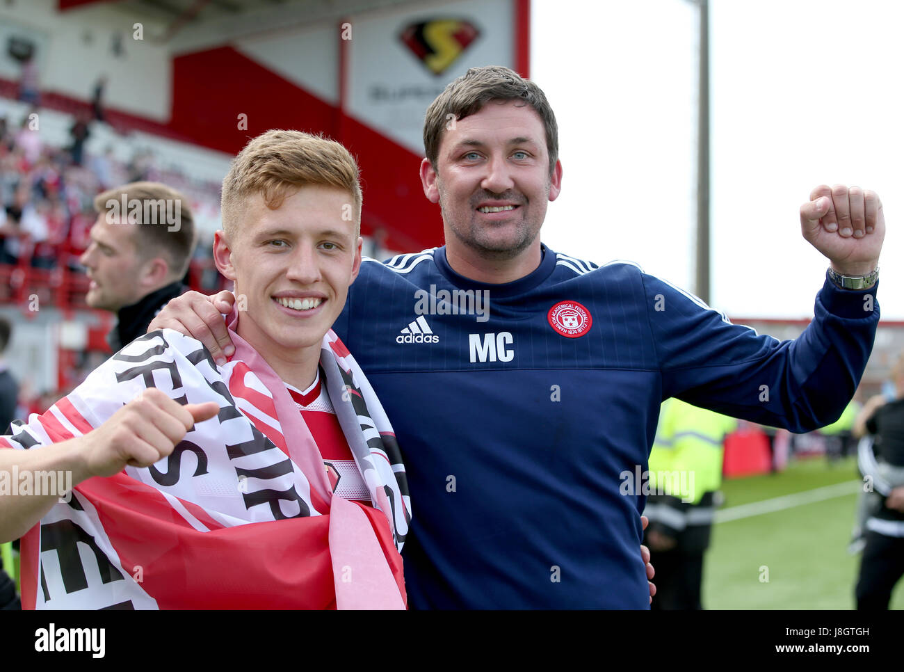 Hamilton's Greg Docherty and manager Martin Canning celebrates winning ...
