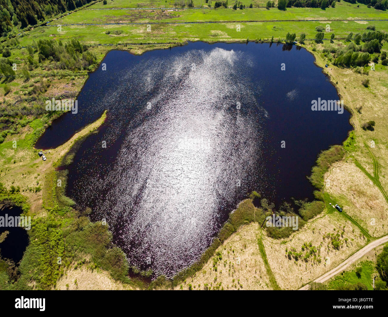 drone image. aerial view of rural area with forest and swamp lake in ...