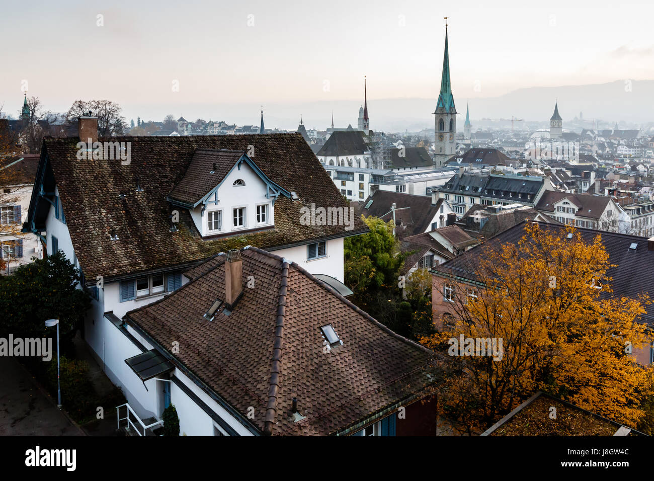 Aerial View on Tiled Roofs and Churches of Zurich at Fall, Switzerland ...