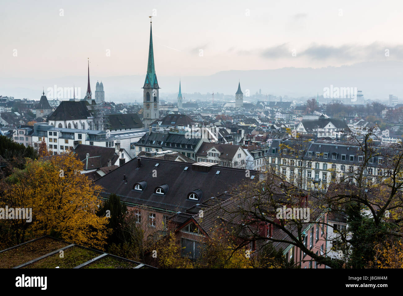 Aerial View on Tiled Roofs and Churches of Zurich at Fall, Switzerland ...