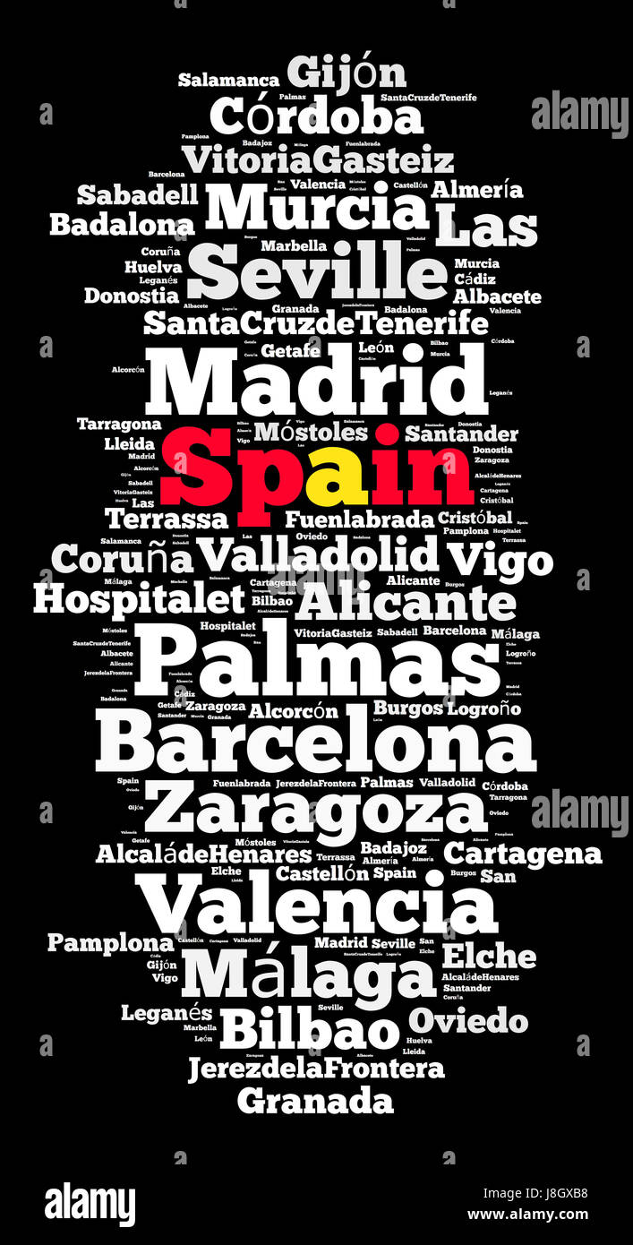 Localities in Spain word cloud concept over dark background Stock Photo ...