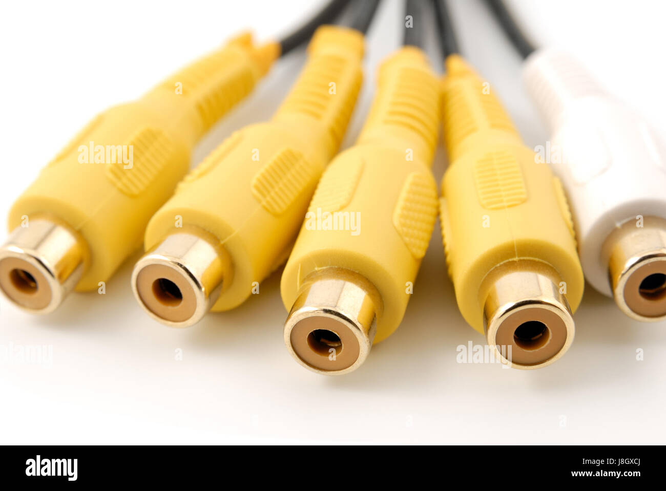 Yellow white RCA audio video plug connectors on a white background ...