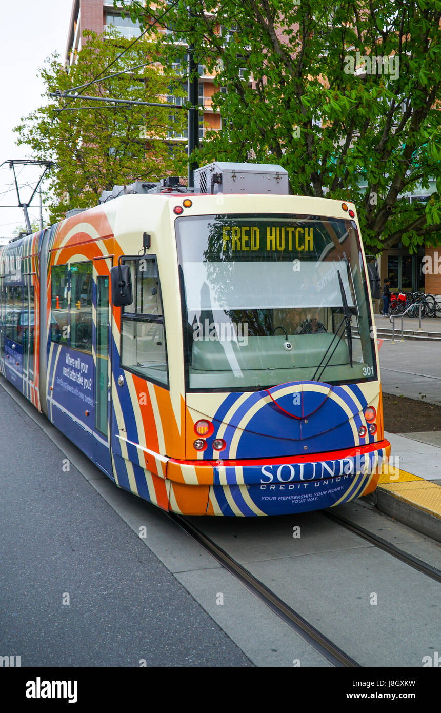Tram in the city of Seattle - SEATTLE / WASHINGTON - APRIL 11, 2017 ...