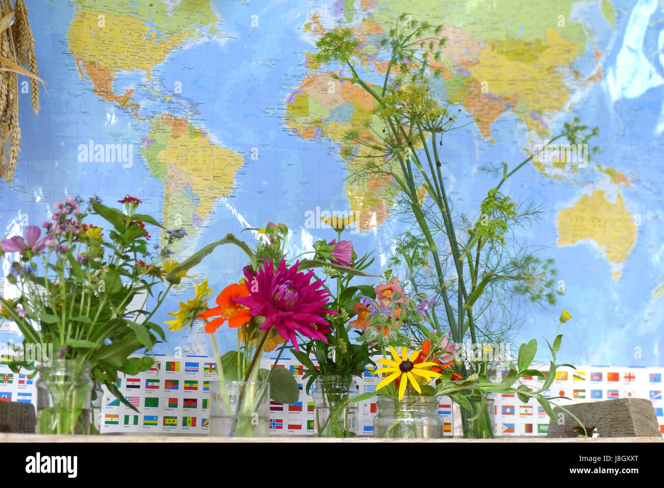 A collection of vibrant flowers positioned in front of a world map ...
