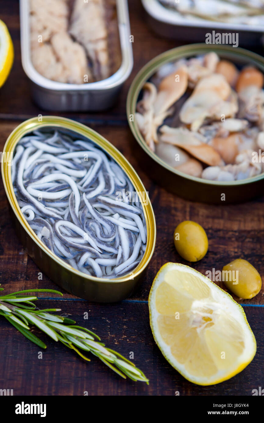 Assortment of open tin cans for a healthy dinner Stock Photo - Alamy