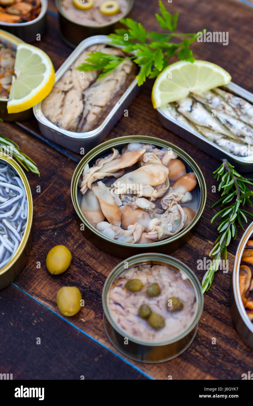 Assortment of open tin cans for a healthy dinner Stock Photo - Alamy