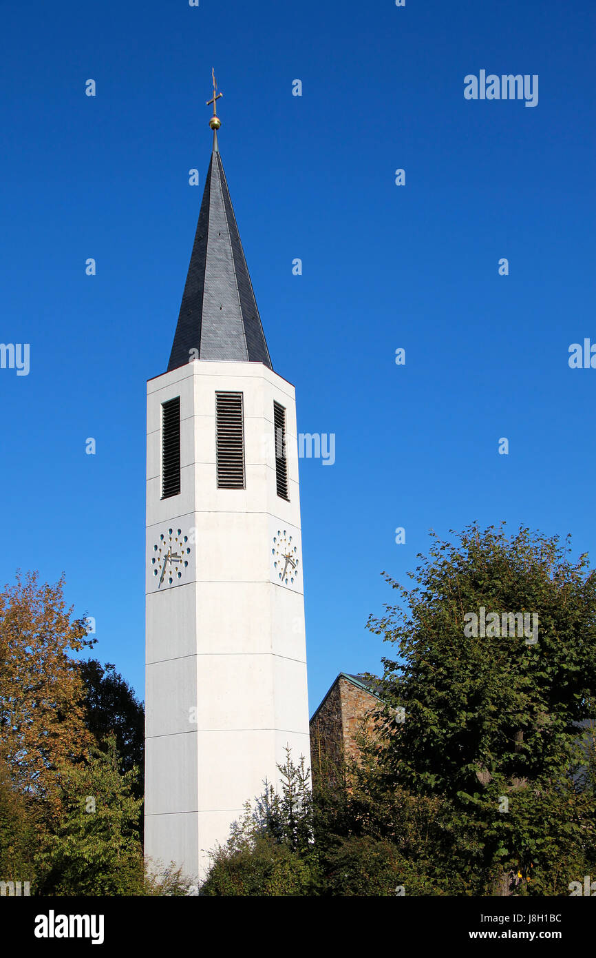 church, clock, hesse, steeple, clock tower, blue, tower, church, tree ...