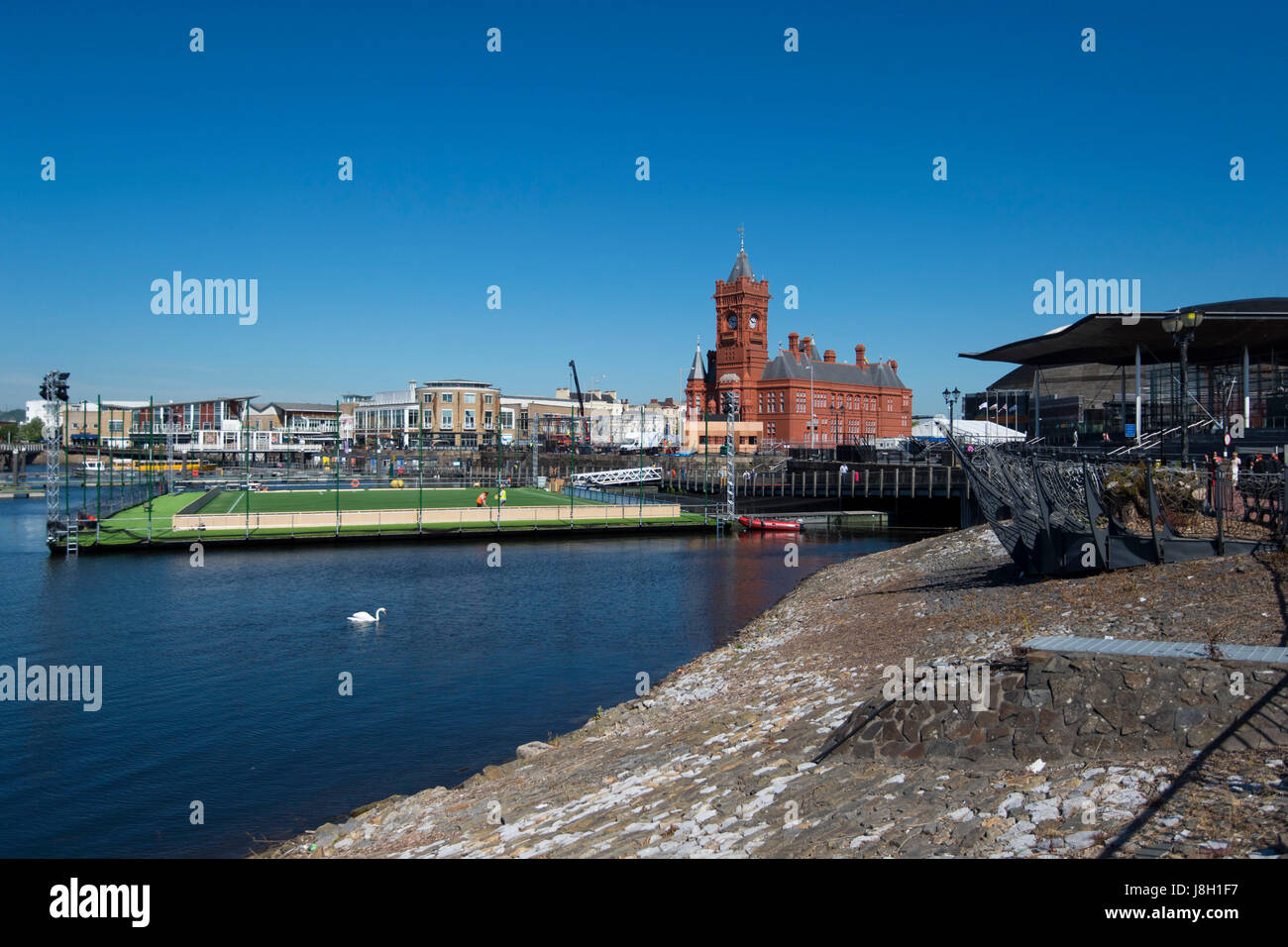 A floating football pitch seen at Cardiff Bay during the UEFA Champions ...