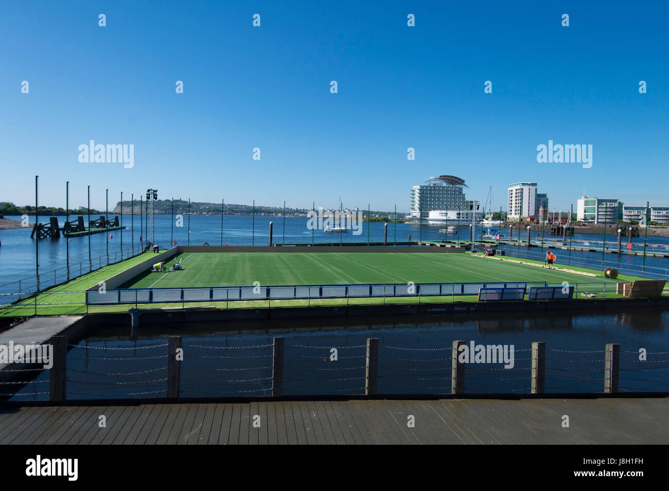A floating football pitch seen at Cardiff Bay during the UEFA Champions ...