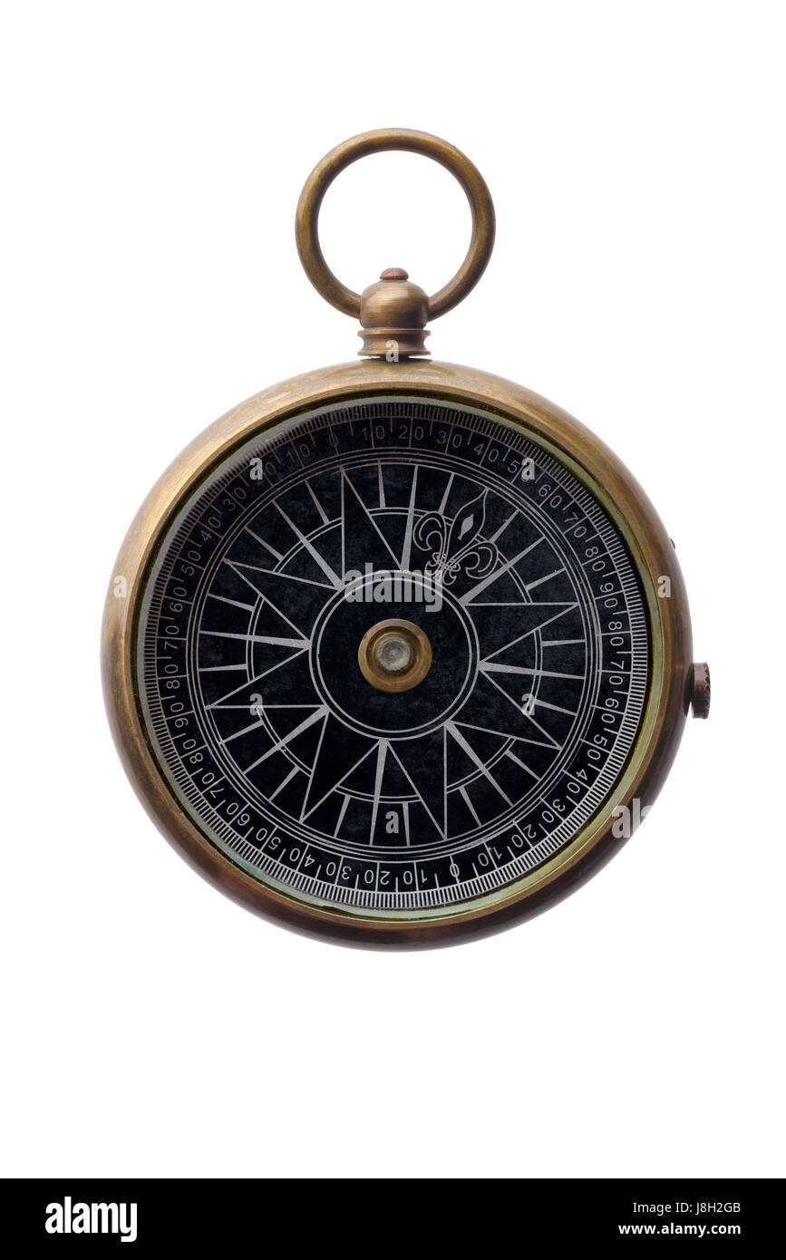 Isolated objects: round bronze compass, isolated on white background ...