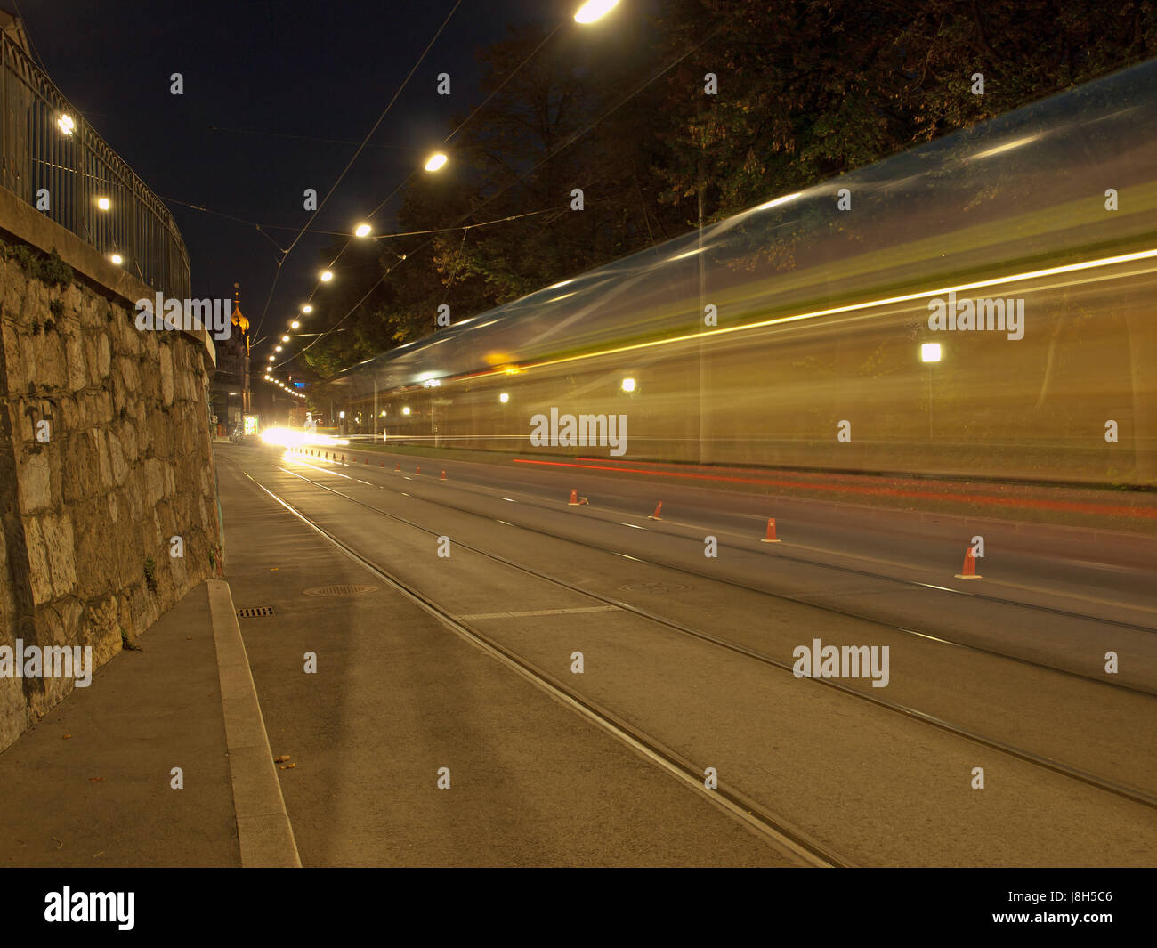 night photograph, lights, tracks, wall, tram, street, road, night ...