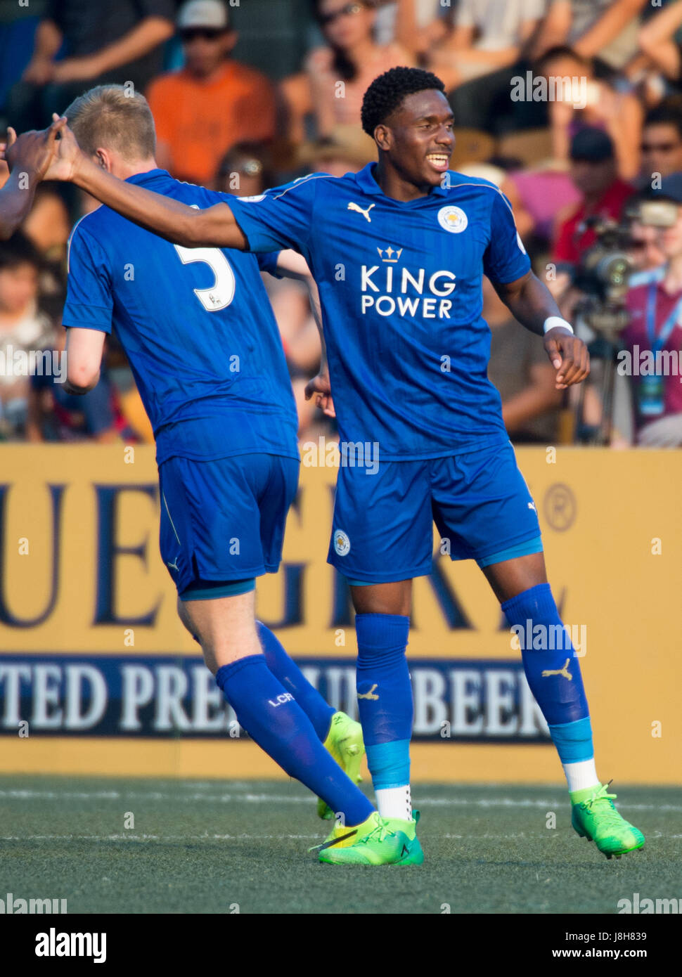 Josh Eppiah (R) congratulated on scoring Leicesters second goal ...