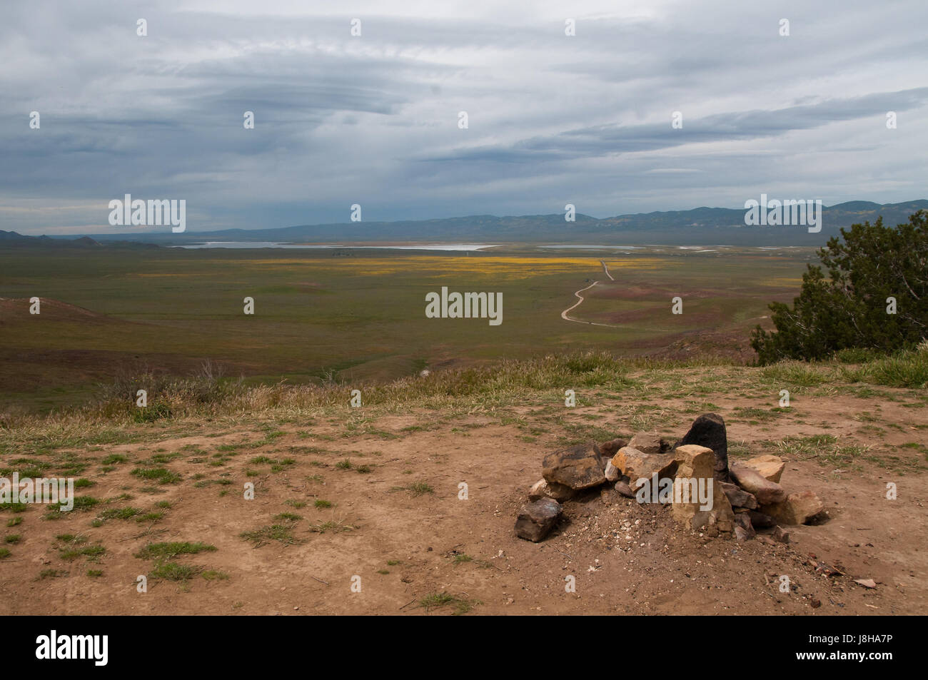 Campsite overlooking the valley and lake with storm approaching Stock ...