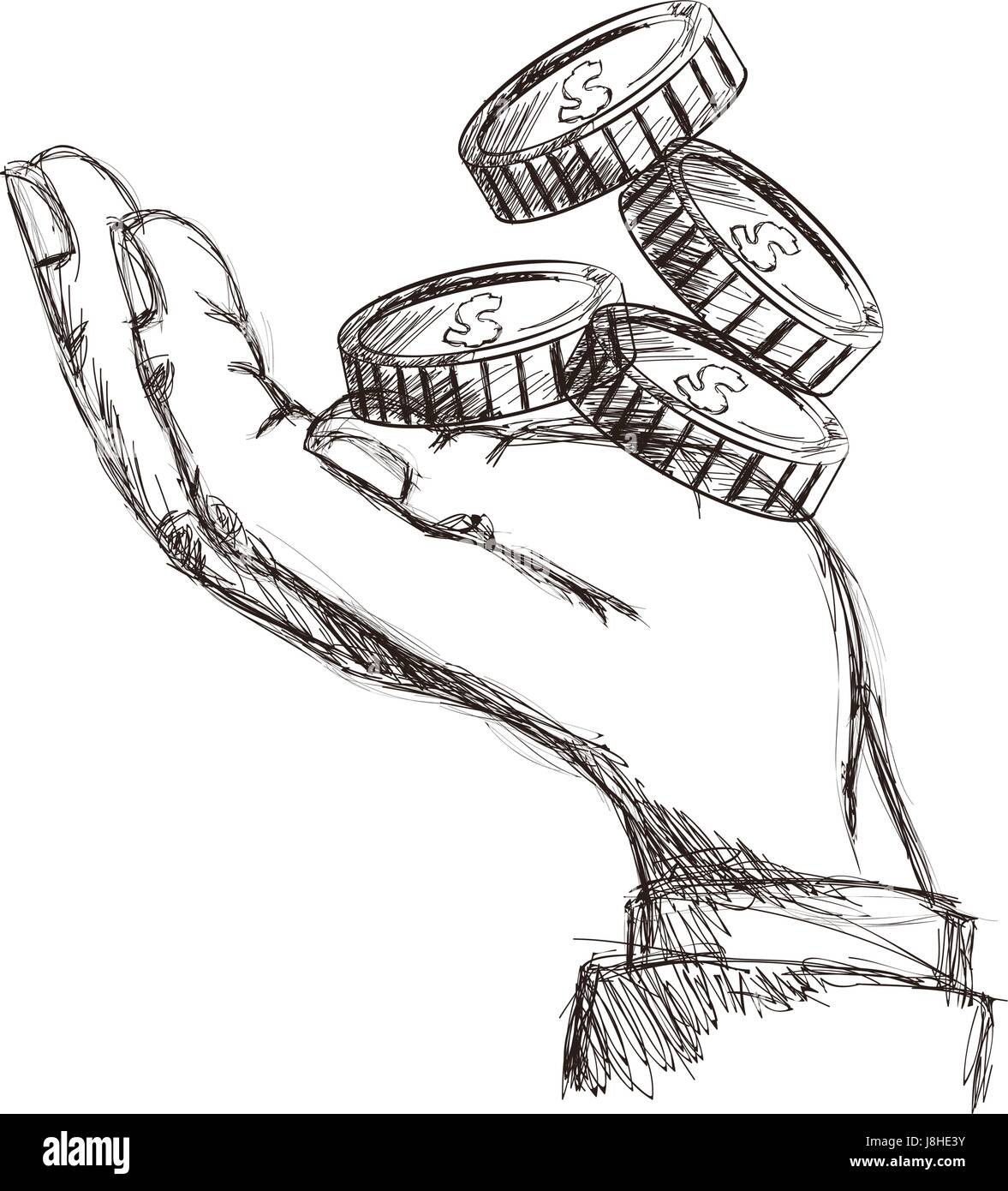 business money symbol with hand and dollar coin sketch Stock Vector ...