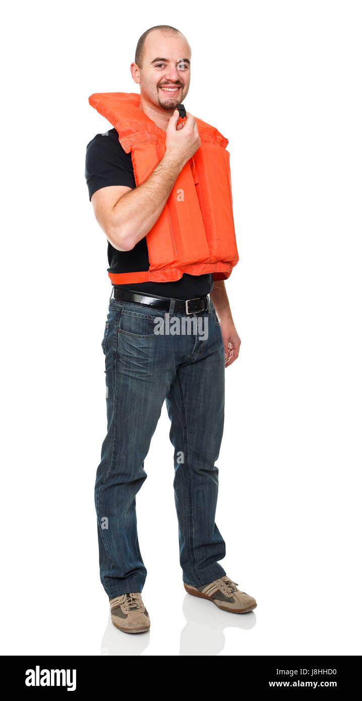standing, vest, flotation, device, security, safety, man, safe ...