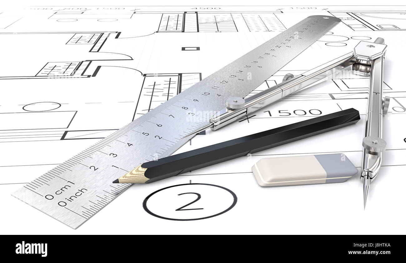 Generic blueprints , drawings and sketches. Ruler, Pencil, Eraser and ...