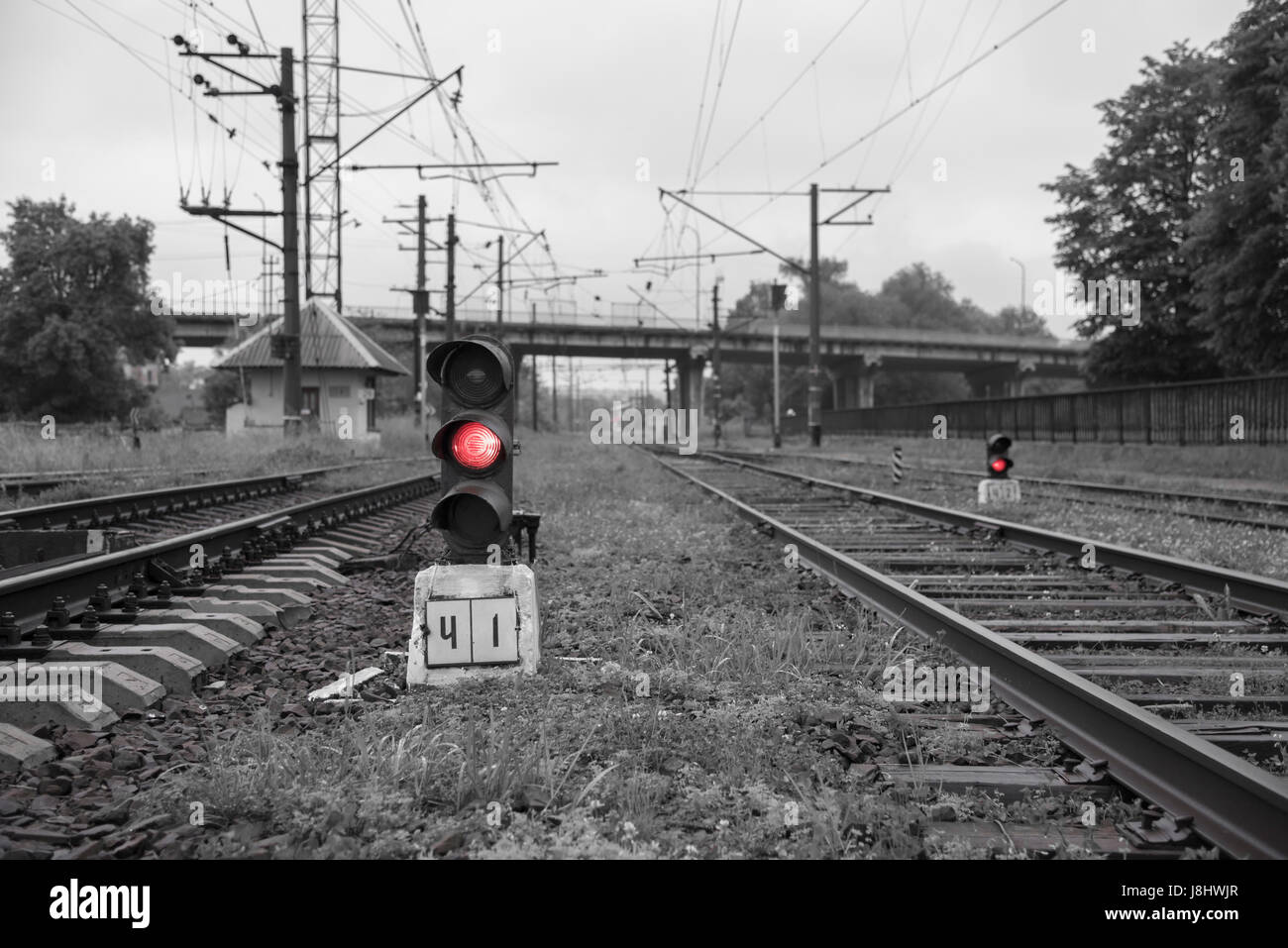 Railway line with its elements, conceptual landscape, Ukraine Stock ...