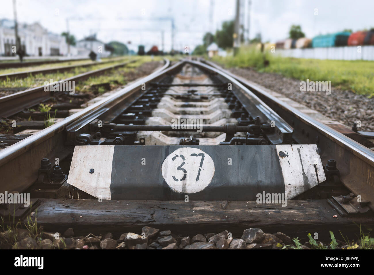 Railway line with its elements, closeup, Ukraine Stock Photo - Alamy