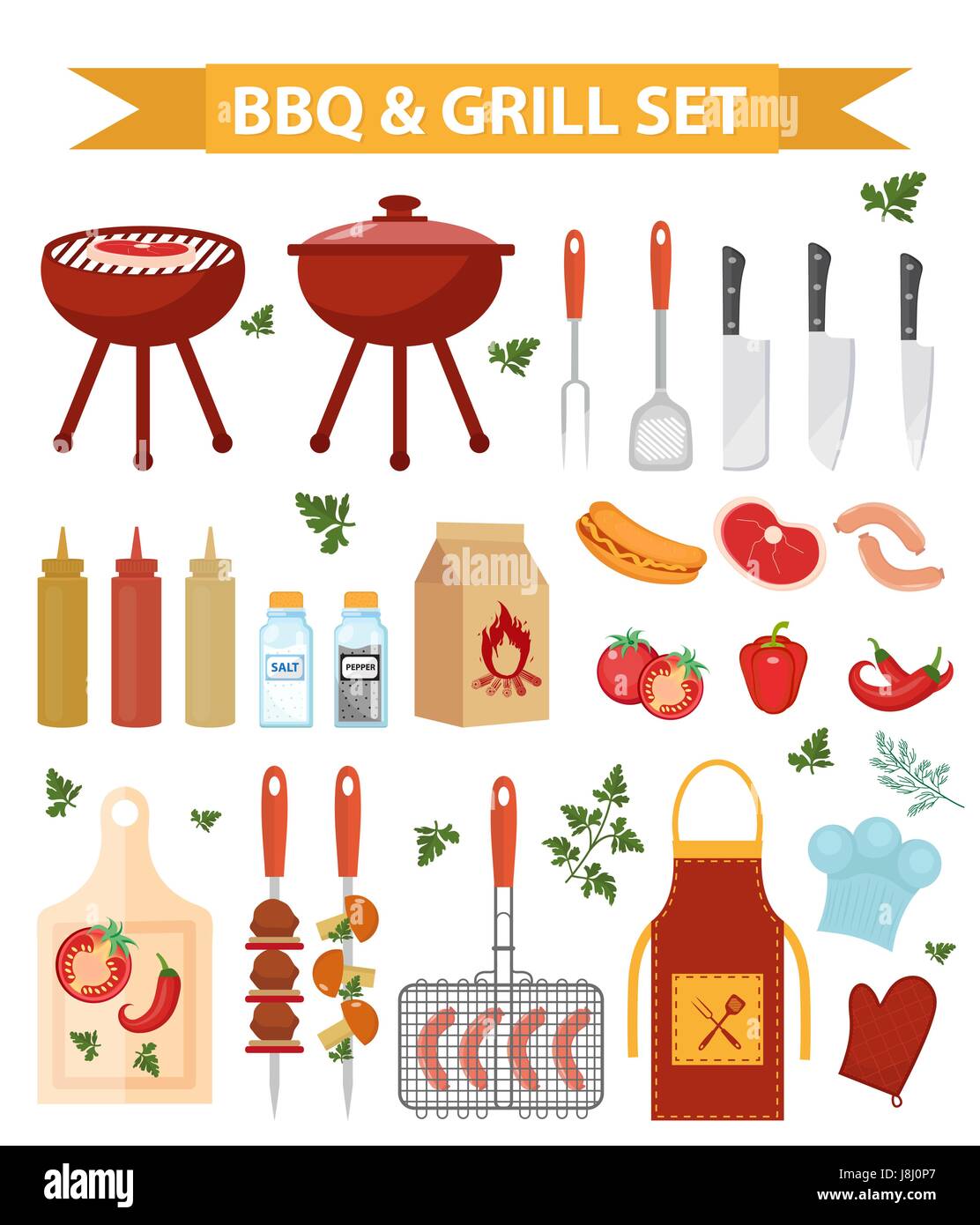 Barbecue and grill icons set, flat or cartoon style. BBQ collection of ...
