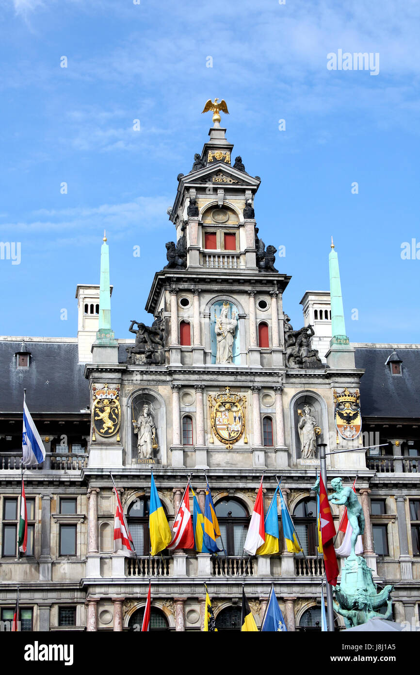historical, town hall, belgium, flag, renaissance, emblem, antwerp ...