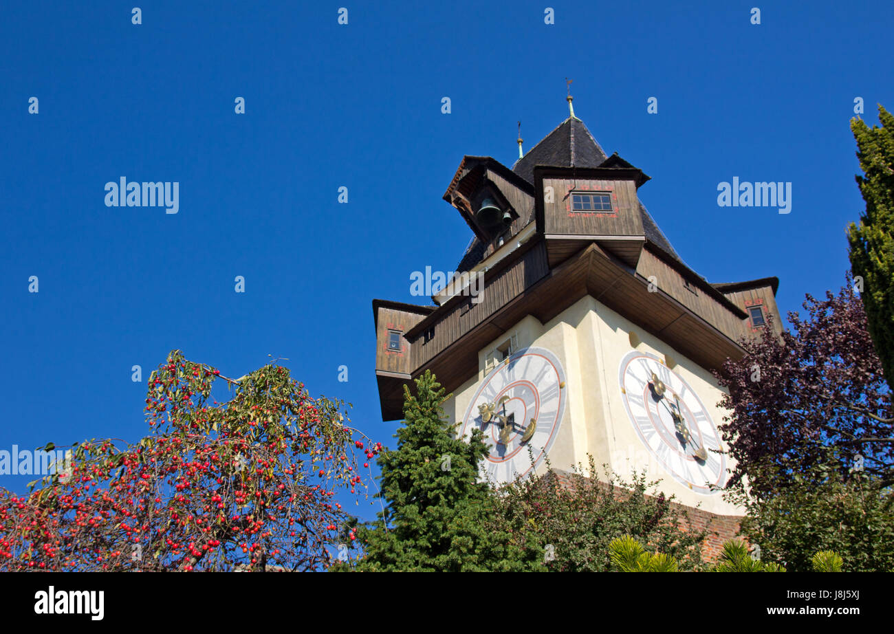 austrians, clock, bell, belfry, styria, blue, tower, city, town, tree ...