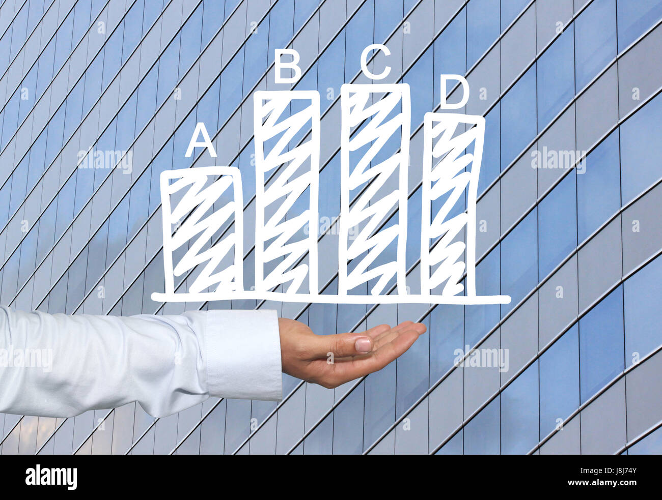 Business bar graph of Hand drawn on a man hand and Skyscraper ...