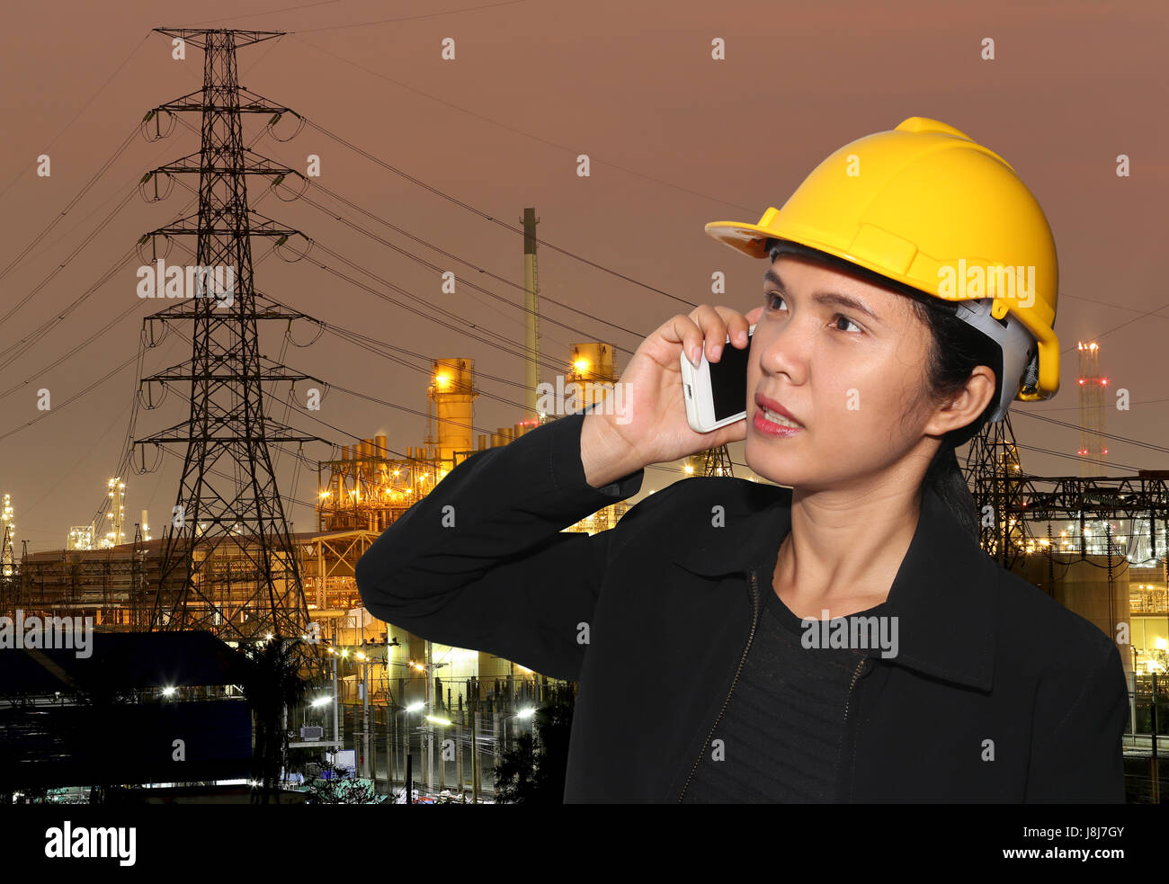 Business woman call smartphone and oil refinery background in concepts ...