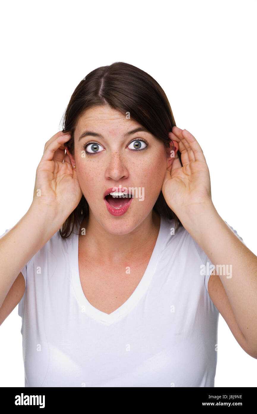 woman listening with both ears Stock Photo - Alamy