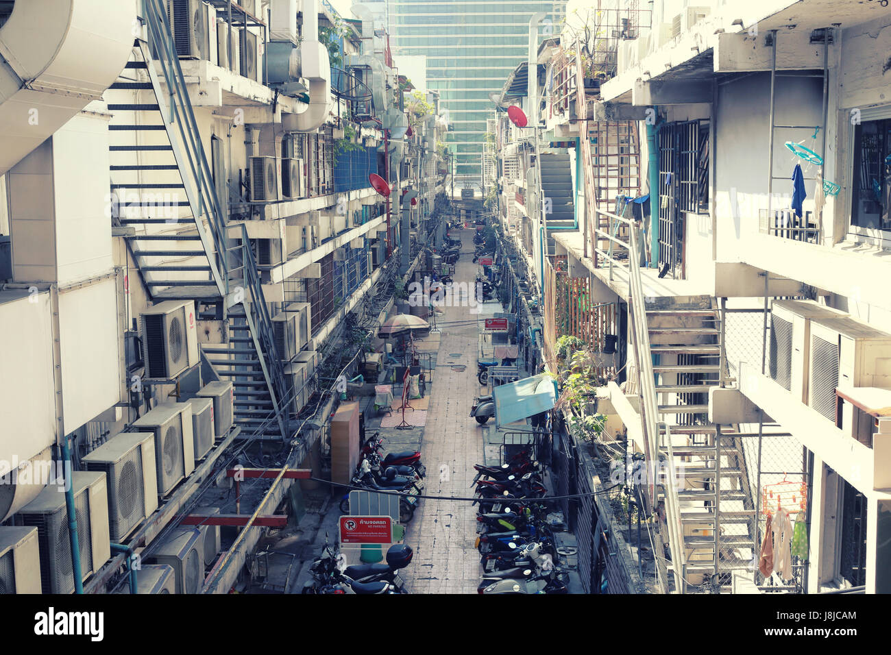 Commercial building on small alley of residence people in Thailand ...