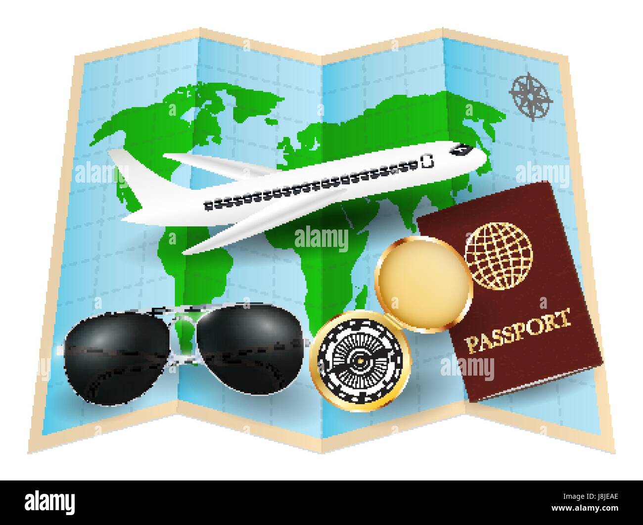 world map with sunglasses compass passport plane Stock Vector Image ...