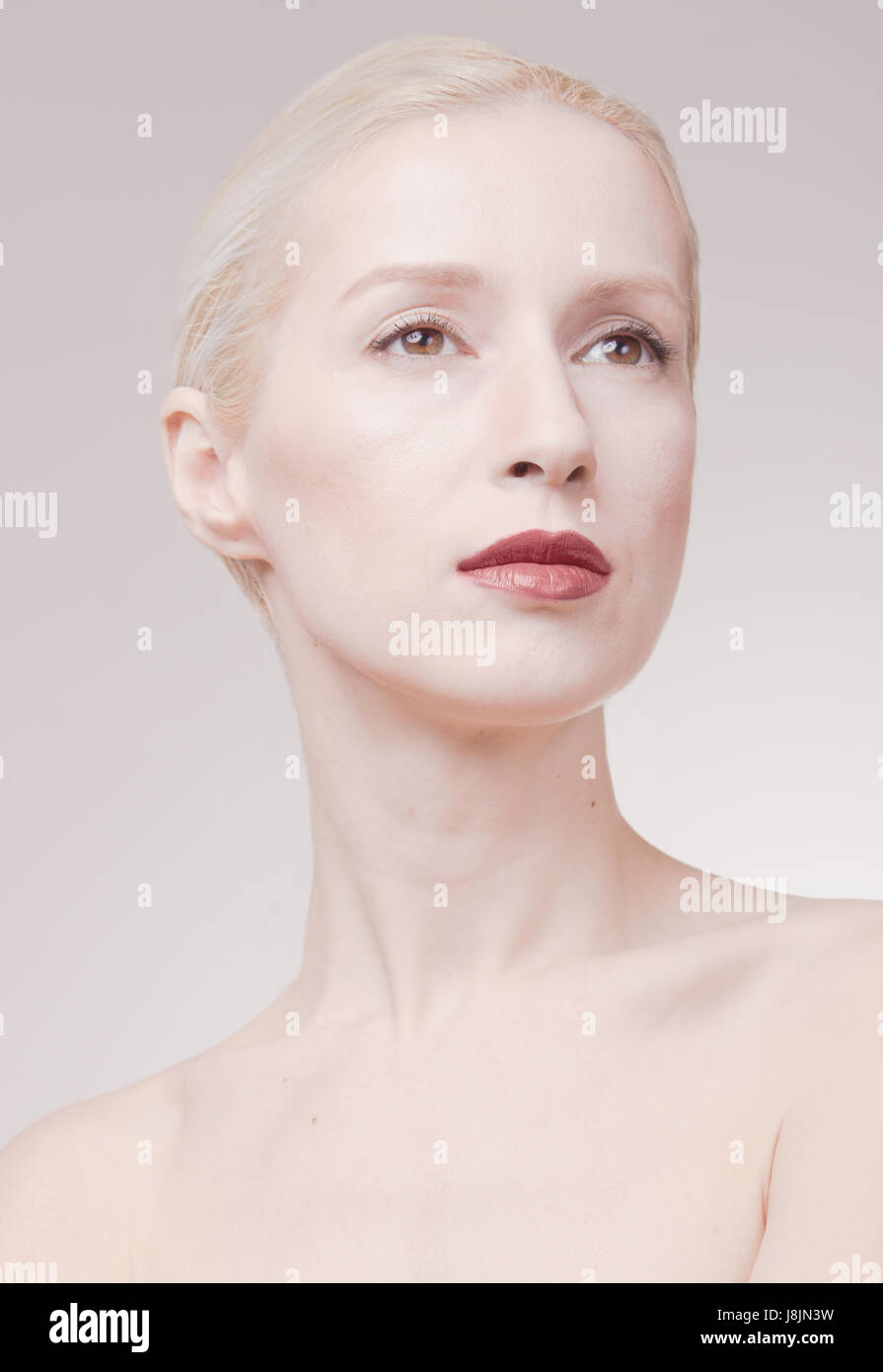 one young woman, pale skin, white gray hair, retouch portrait ...