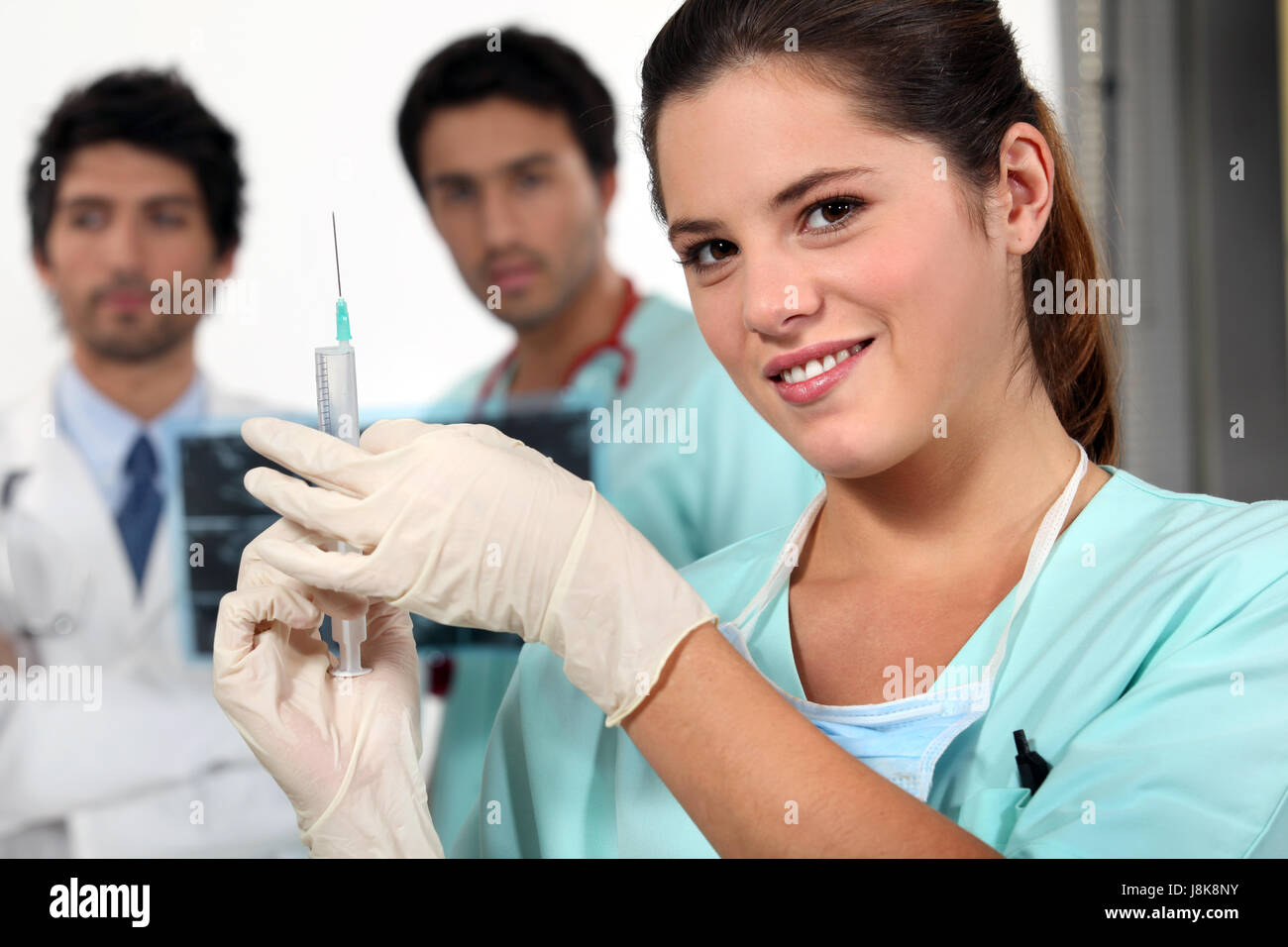 woman, female, needle, injection, possession, holding, nurse, preparing ...