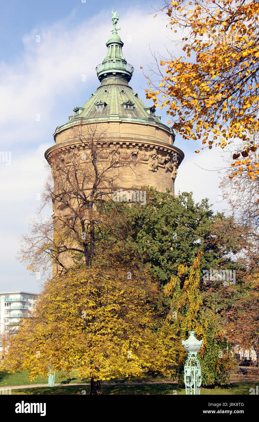 autumn foliage, water tower, jugendstil, emblem, fall, autumn ...