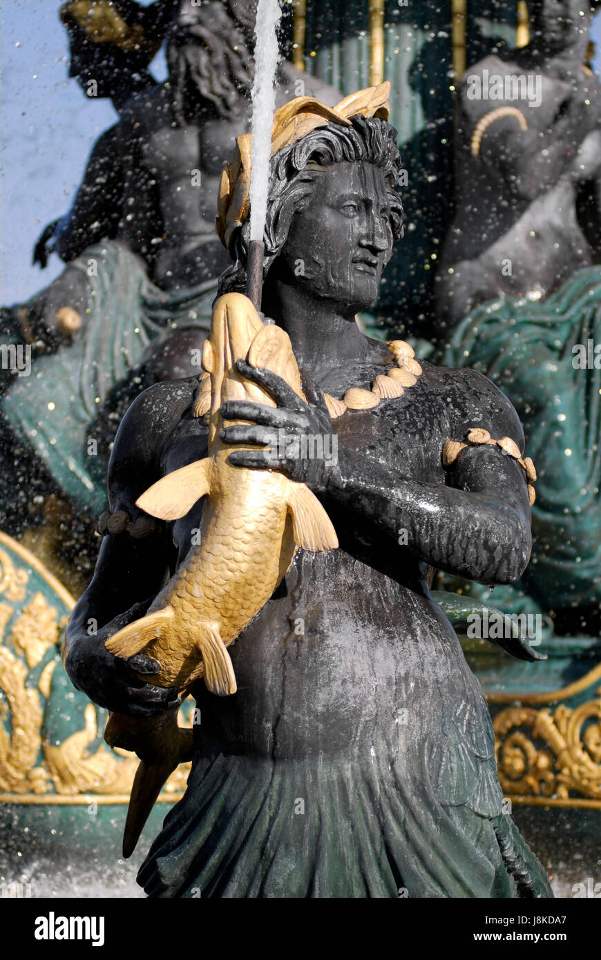 statue, sculpture, fish, paris, france, fountain, siren, detail, art ...