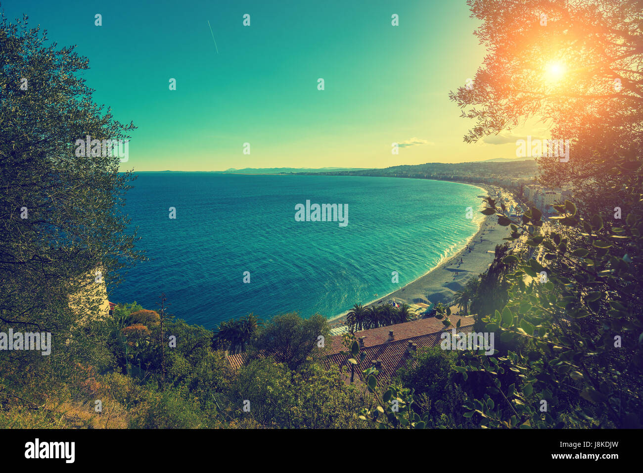 Panoramic aerial view from mountain of Nice at sunset, Cote d'Azur ...