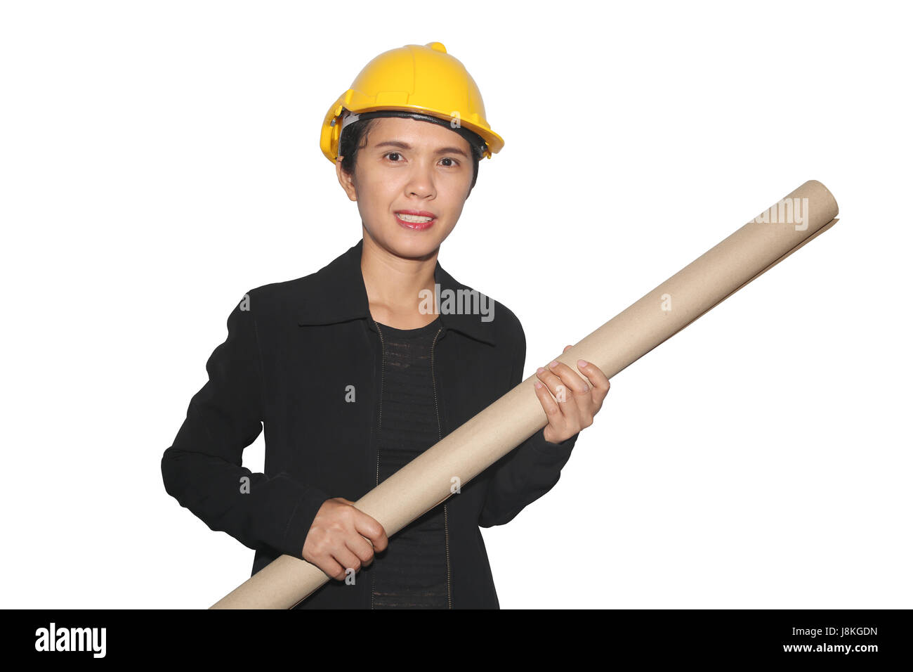Asian female engineer and hold paper roll in hand isolated on white ...