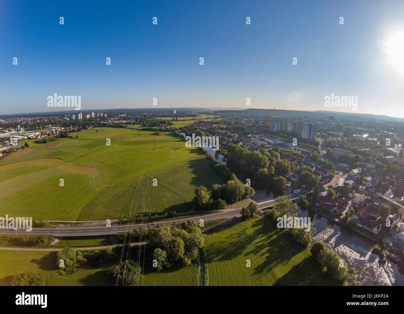 Aerial photo of the meadows and river Regnitz at Erlangen, Germany ...
