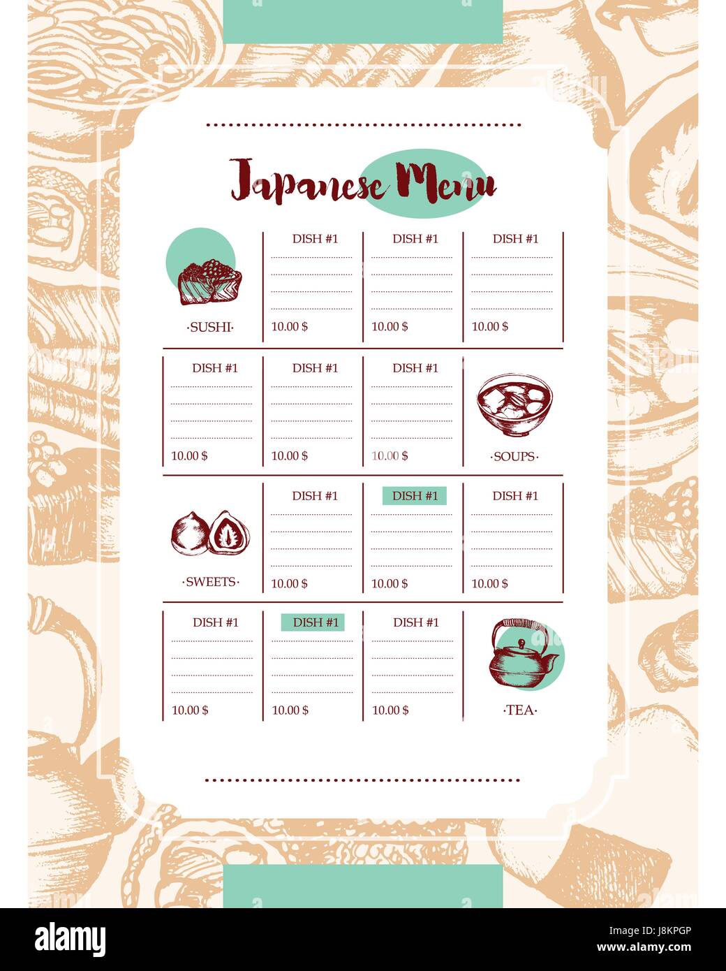 Japanese Food - vintage color hand drawn template menu Stock Vector ...