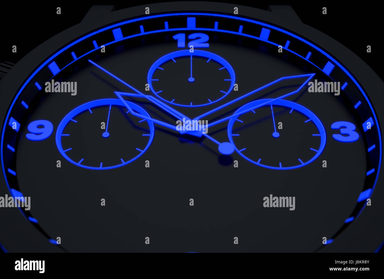 A macro closeup of a modern neon blue lit watch face in black - 3D ...