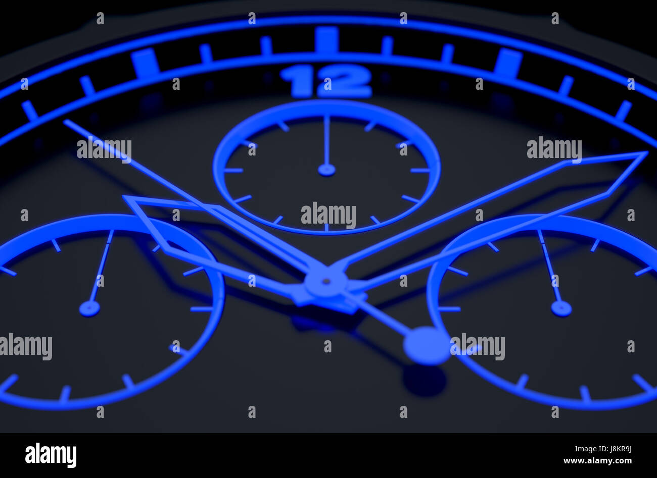 A macro closeup of a modern neon blue lit watch face in black - 3D ...