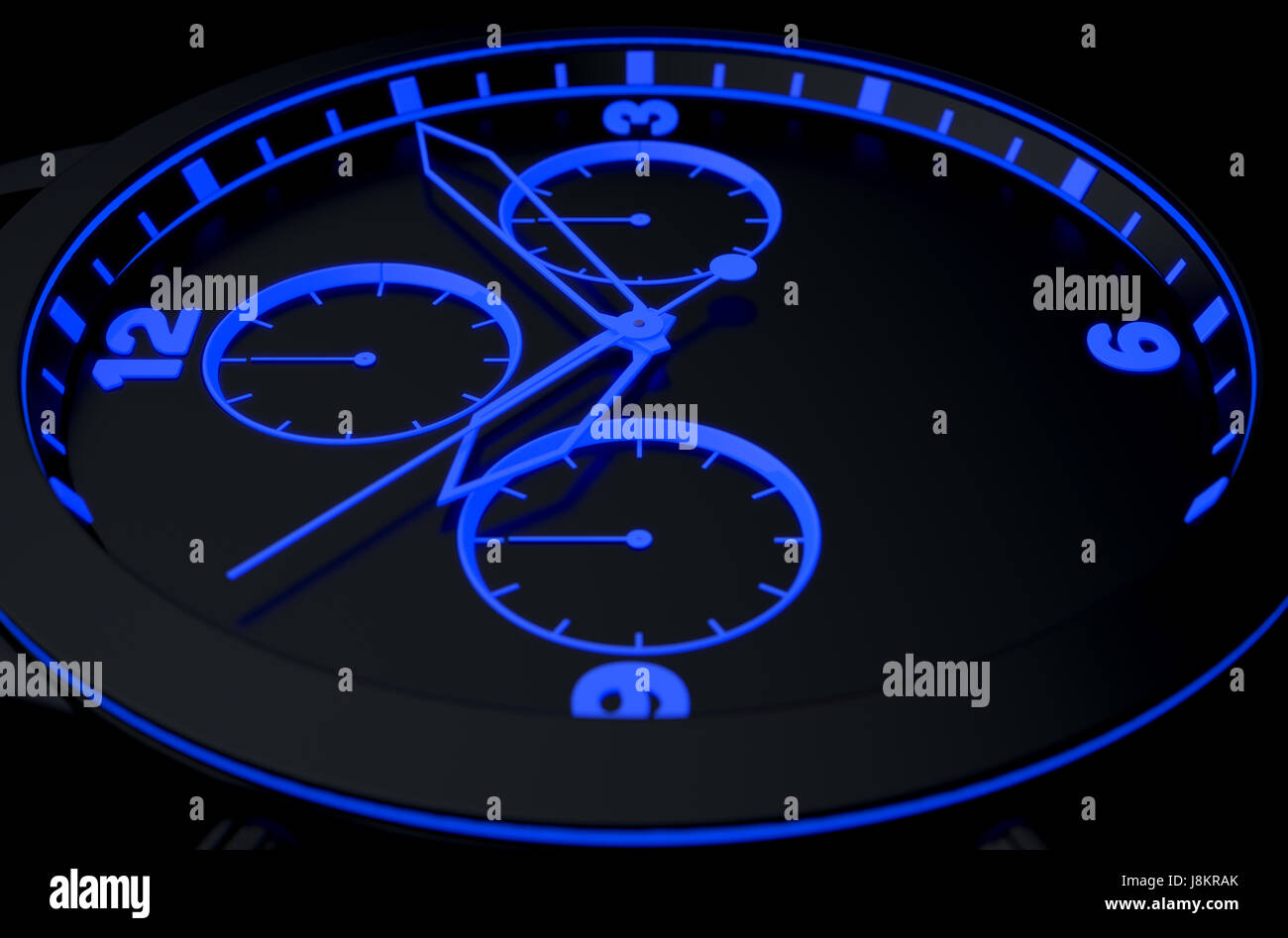 A macro closeup of a modern neon blue lit watch face in black - 3D ...