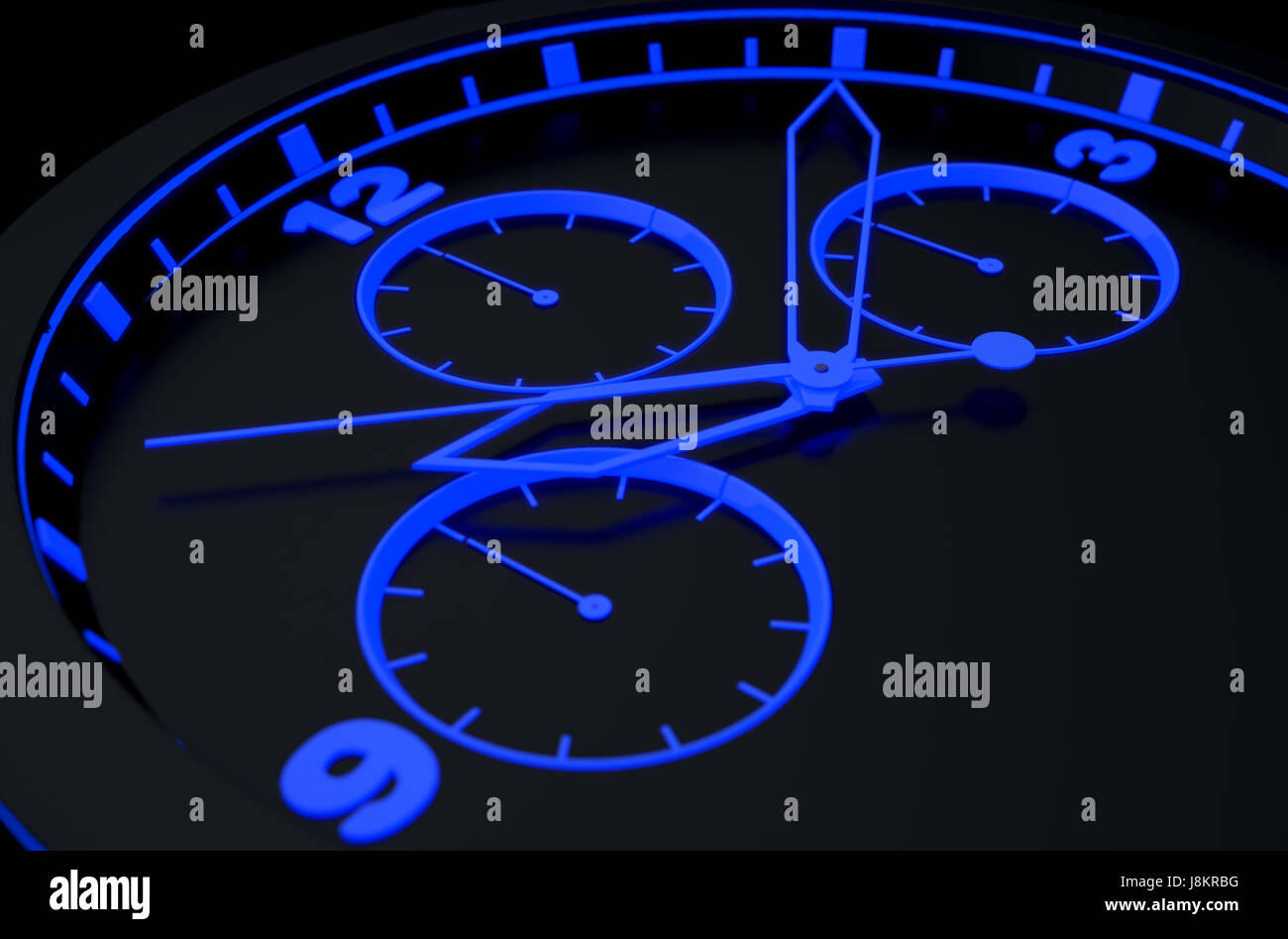 A macro closeup of a modern neon blue lit watch face in black - 3D ...