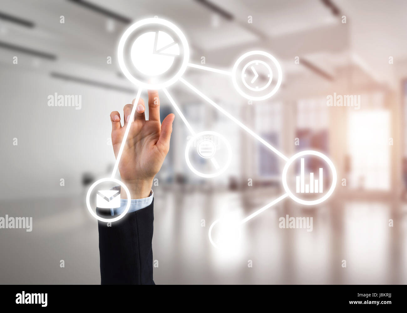 Modern office interior and close of businesswoman hand choosing symbol ...