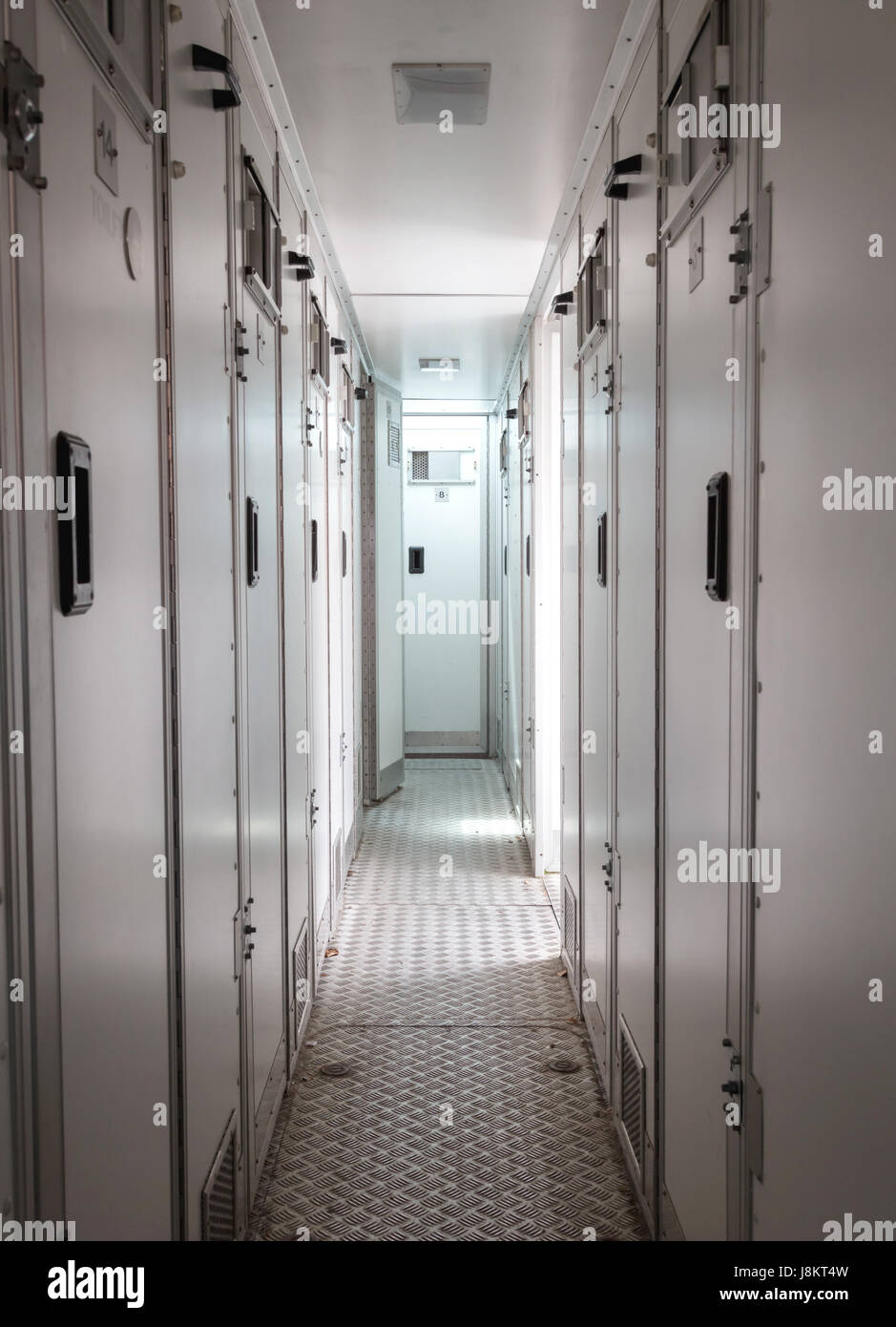 Inside of a large bus used by the department of justice to transport ...