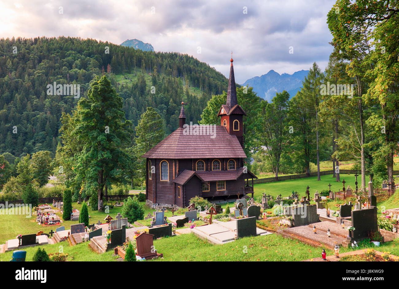 Landscape with church and cemetery in Slovakia, Tatranska Javorina ...