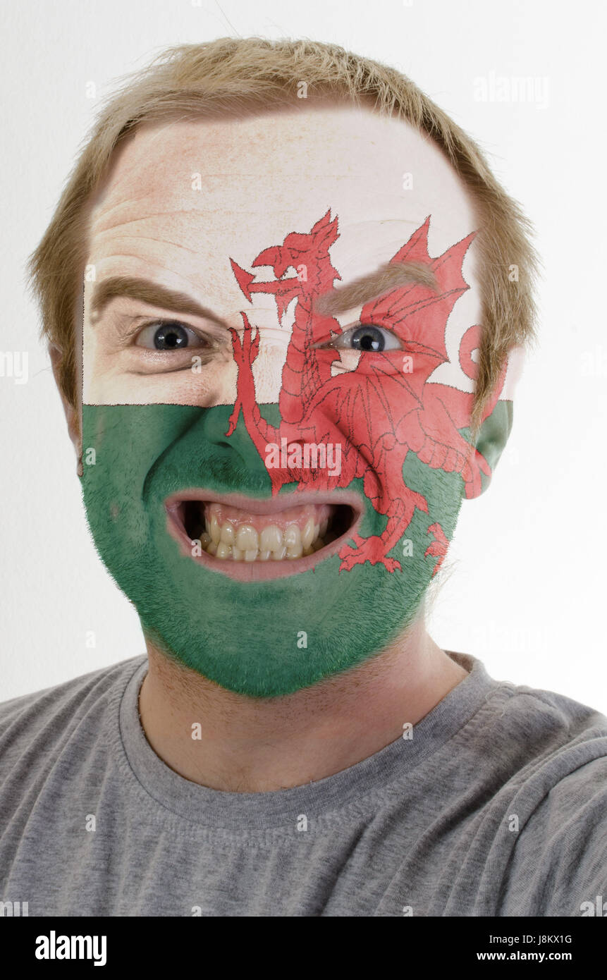 face, flag, blonde, raving, furious, angry, irately, wales, supporter ...