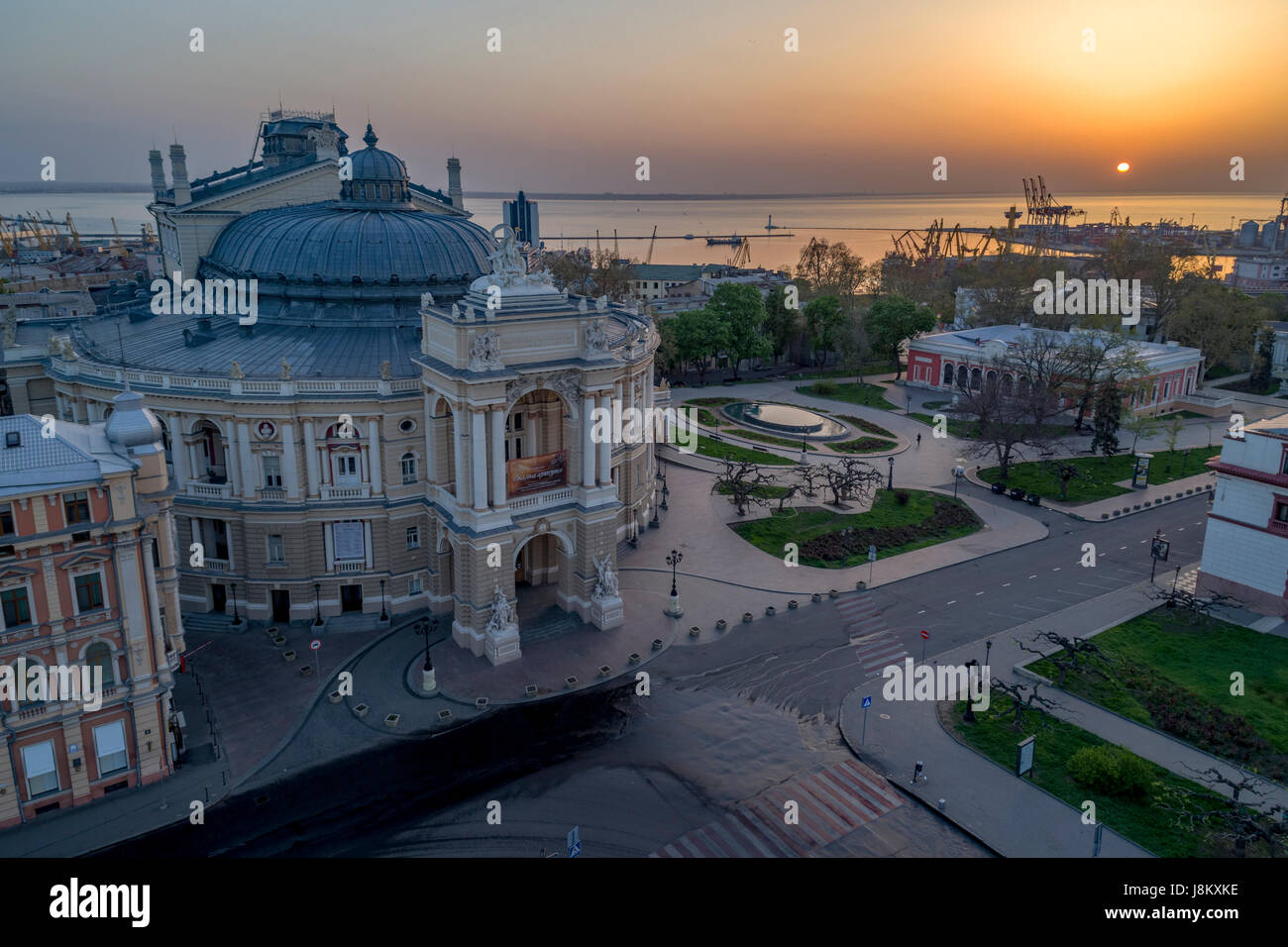 Aerial image of sunrise over the Odessa Opera House Ukraine. The port ...