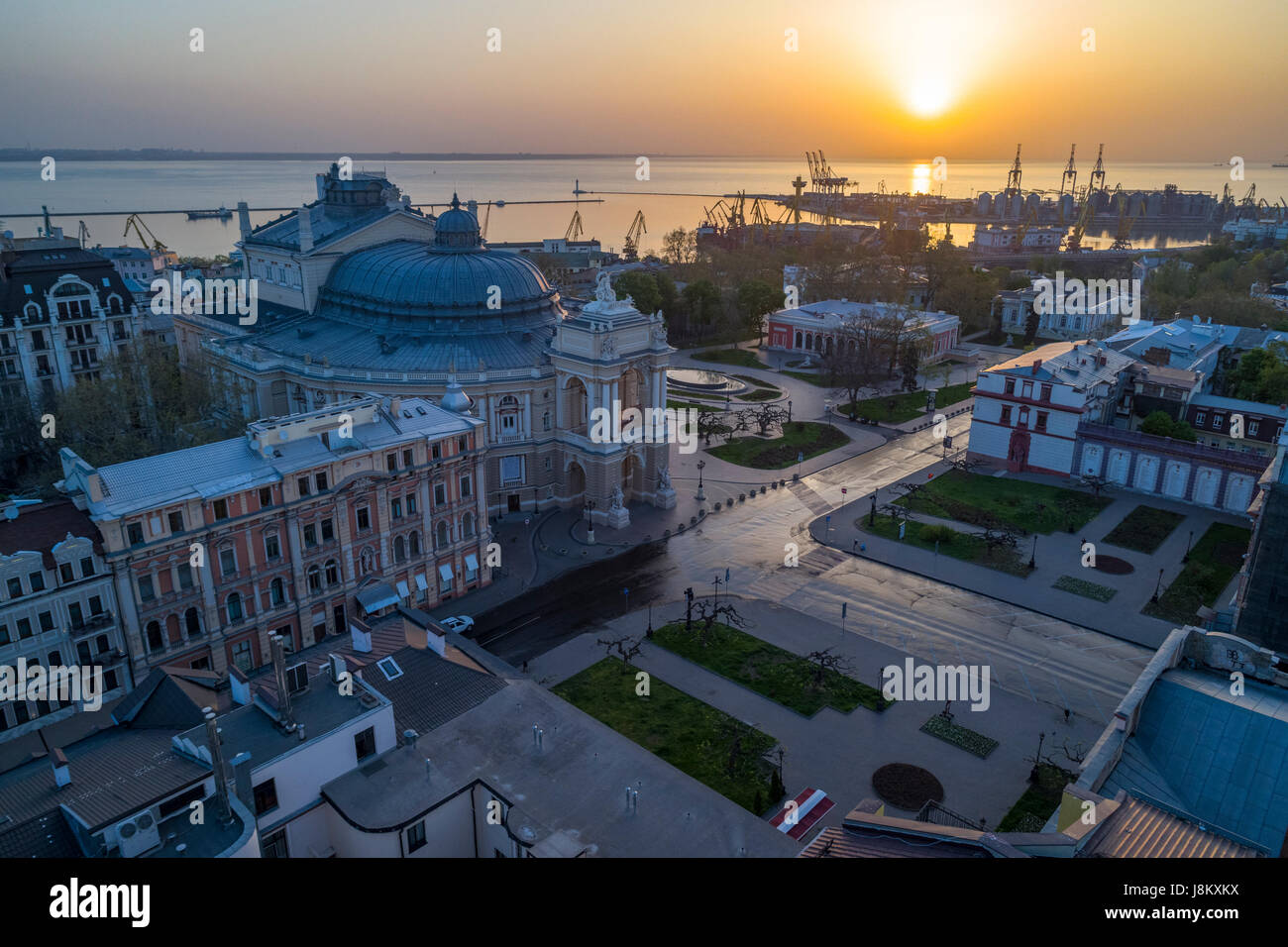 Aerial image of sunrise over the Odessa Opera House Ukraine. The port ...