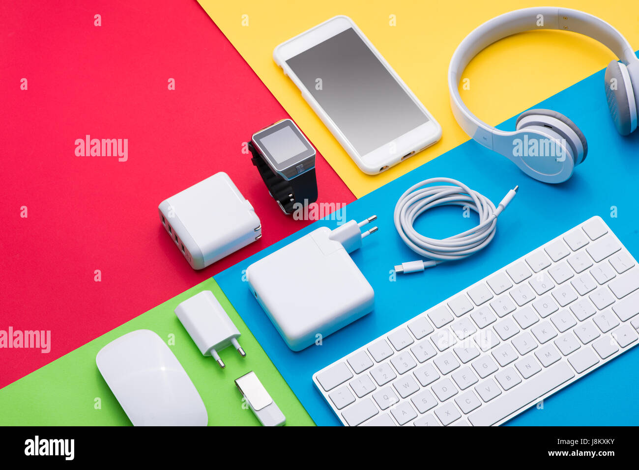 Well organised white office objects on colorful background Stock Photo ...
