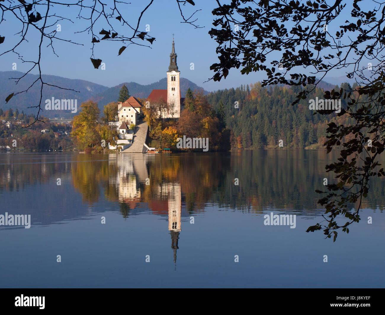 church, slovenia, isle, island, fall, autumn, bled, veldes see Stock ...